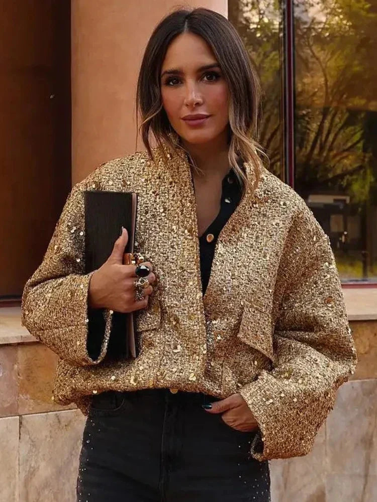 Bérénice | Short Golden Jacket — Sparkling Elegance & Festive Charm ...