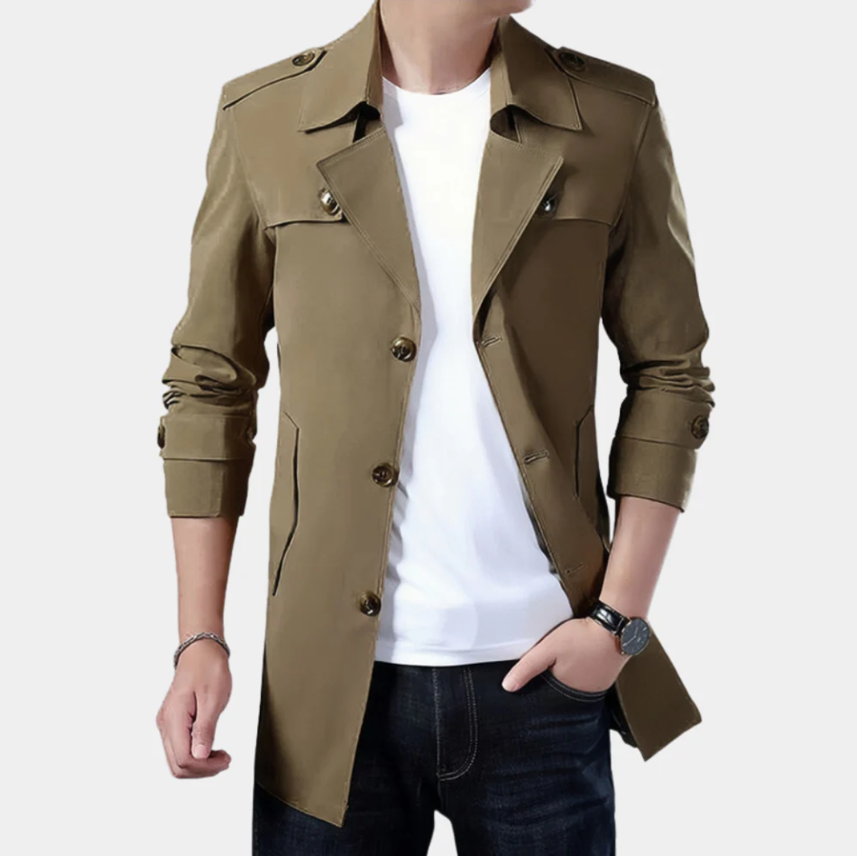 A sophisticated, classic trench coat designed for the modern gentleman ...