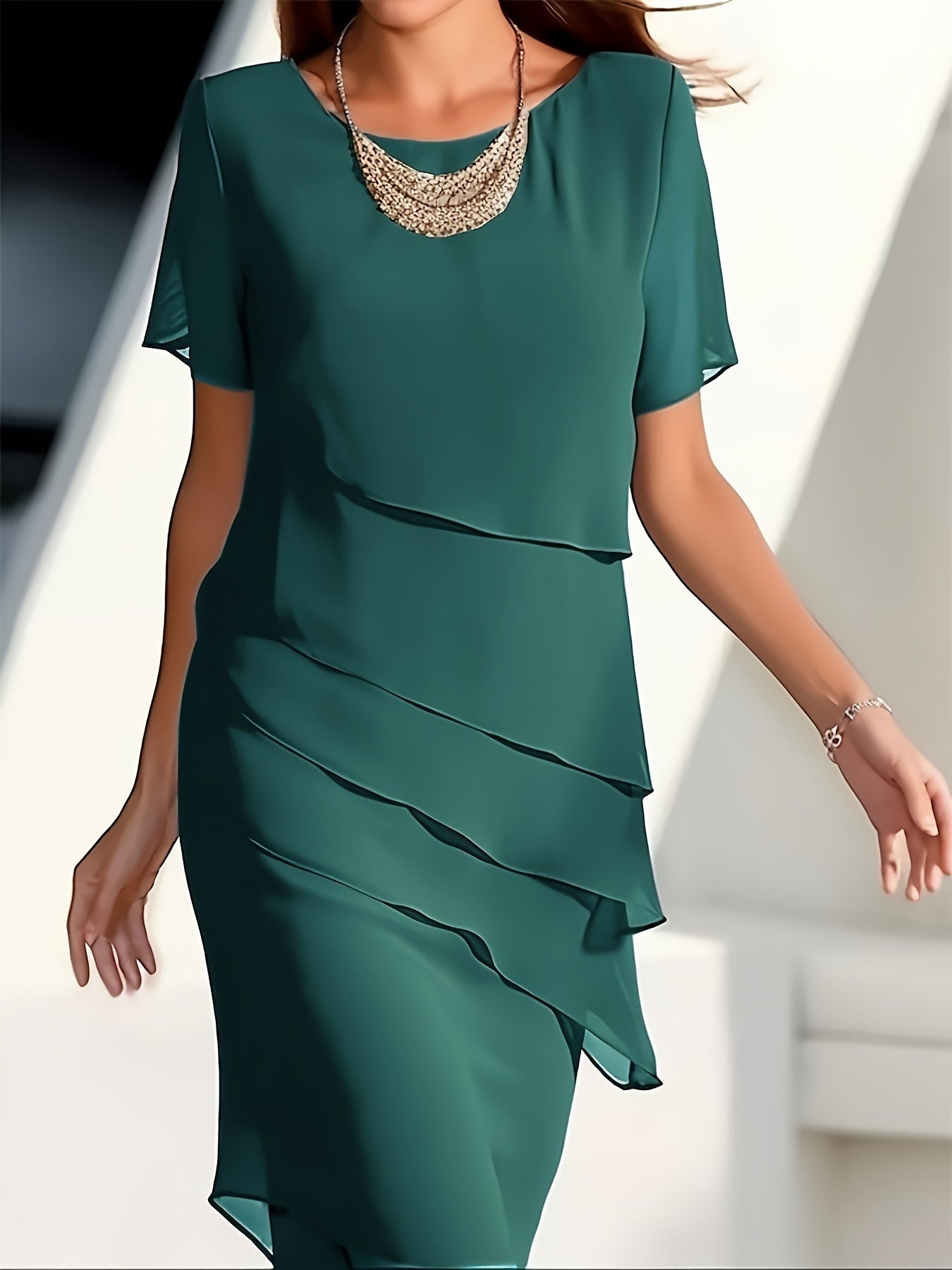 Elegant one layer color trim round neck short sleeve formal dress for ...